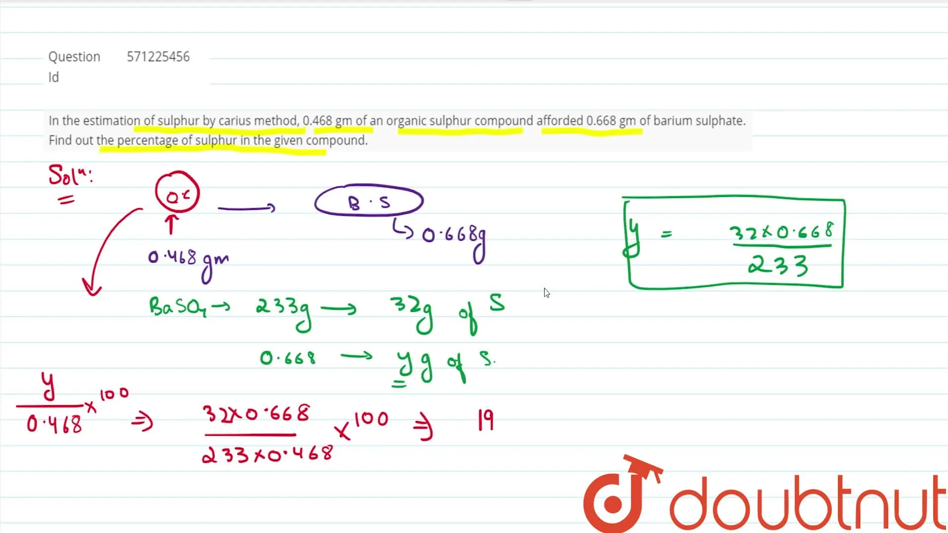 In the estimation of sulphur by Carius method, 0.468 g of an organic s