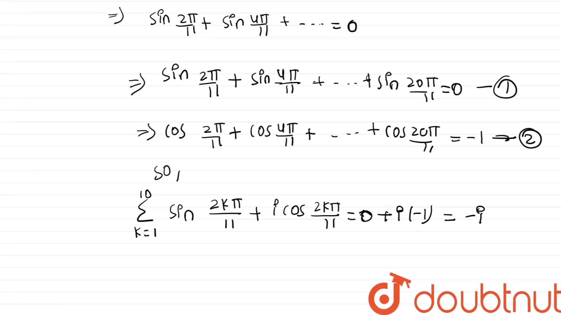 [Kannada] The value of sum(k=1) ^(10)( sin "" ( 2kpi )/( 11) + i cos