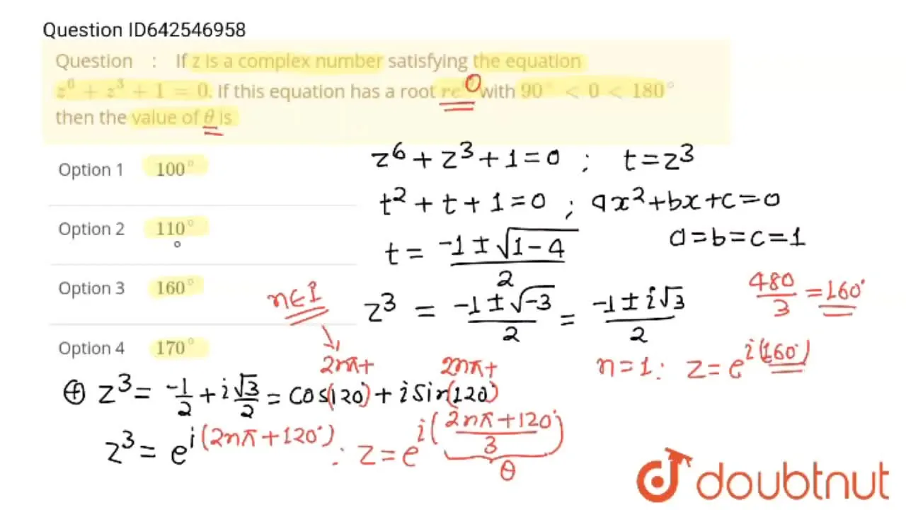 If z is a complex number satisfying the equation Z^(6)+Z^(3)+1=0. If t