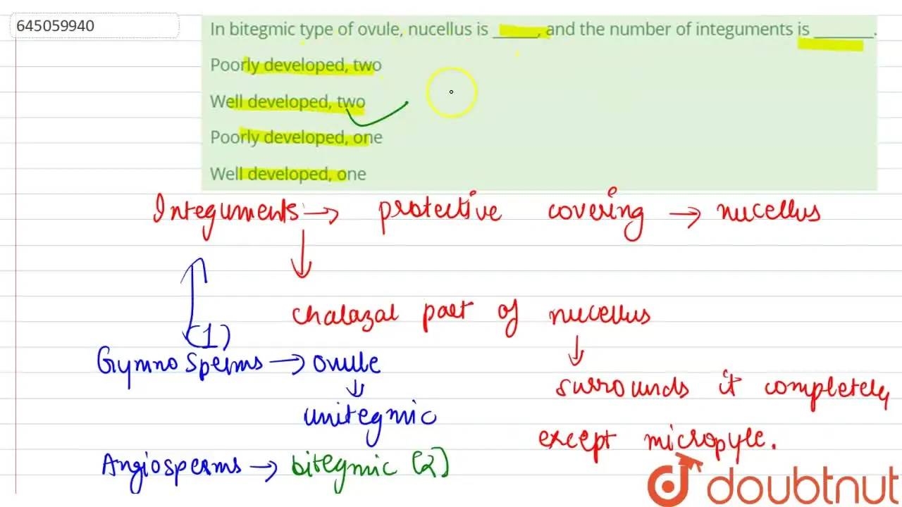In bitegmic type of ovule, nucellus is , and the number of integuments