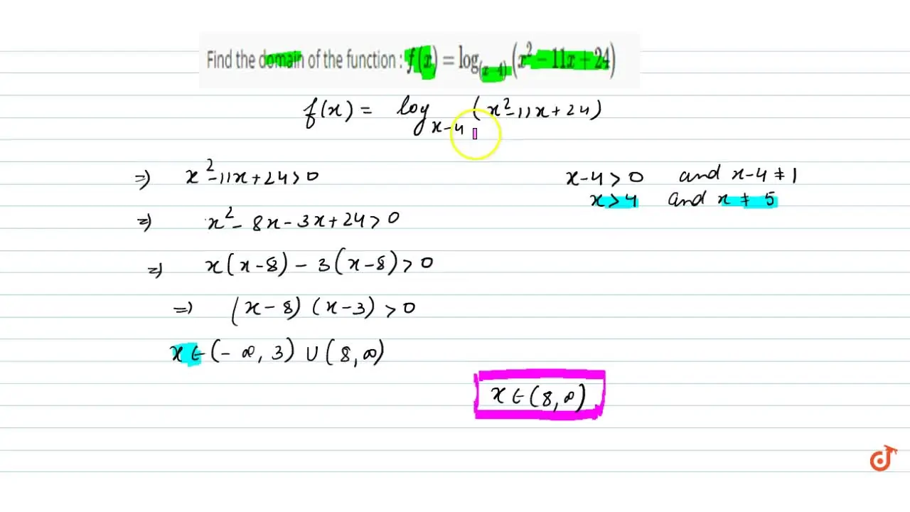 Find the domain of the function : f(x)=(log)((x-4))(x^2-11 x+24)