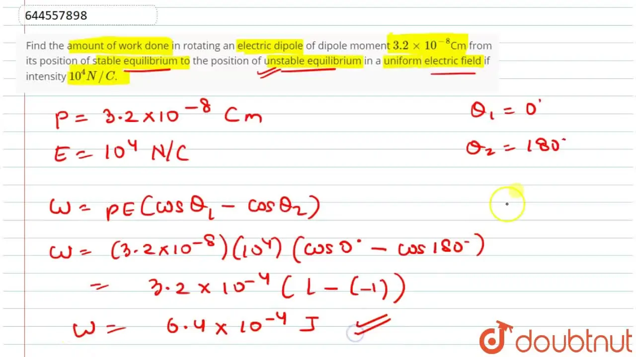 Find the amount of work done in rotating an electric dipole of dipole