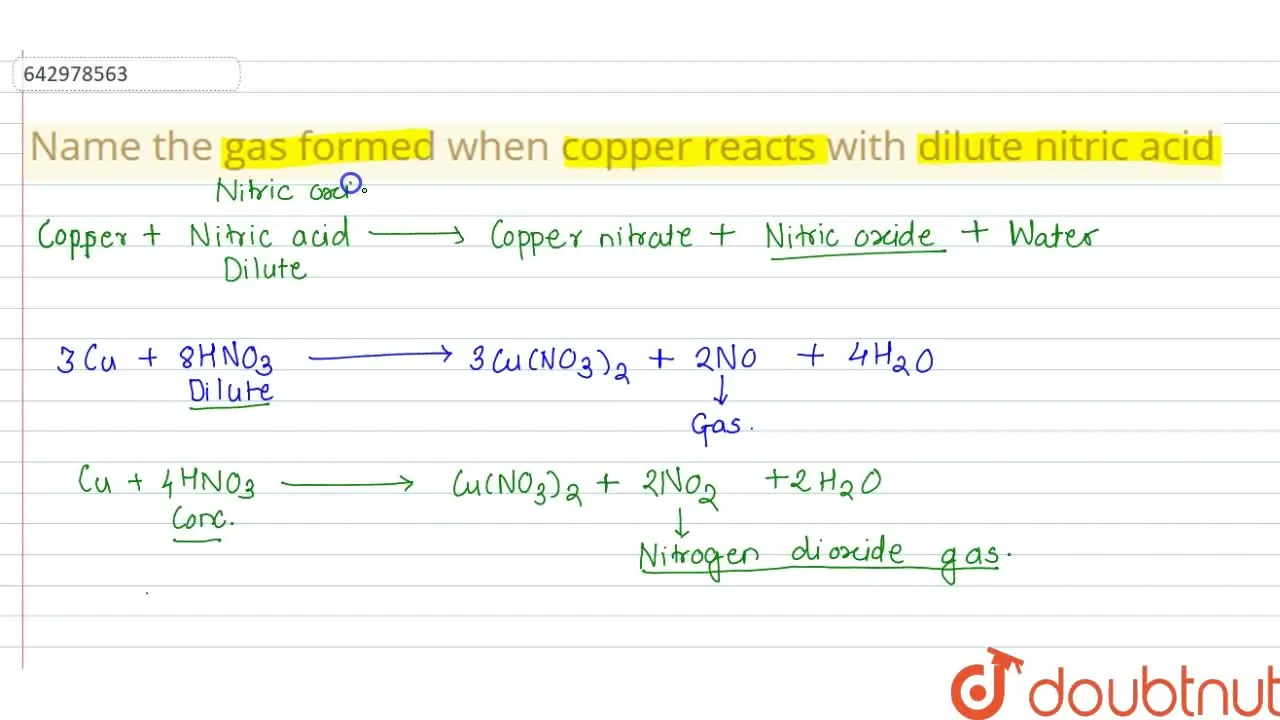 [Marathi] Name the gas formed when copper reacts with dilute nitric ac