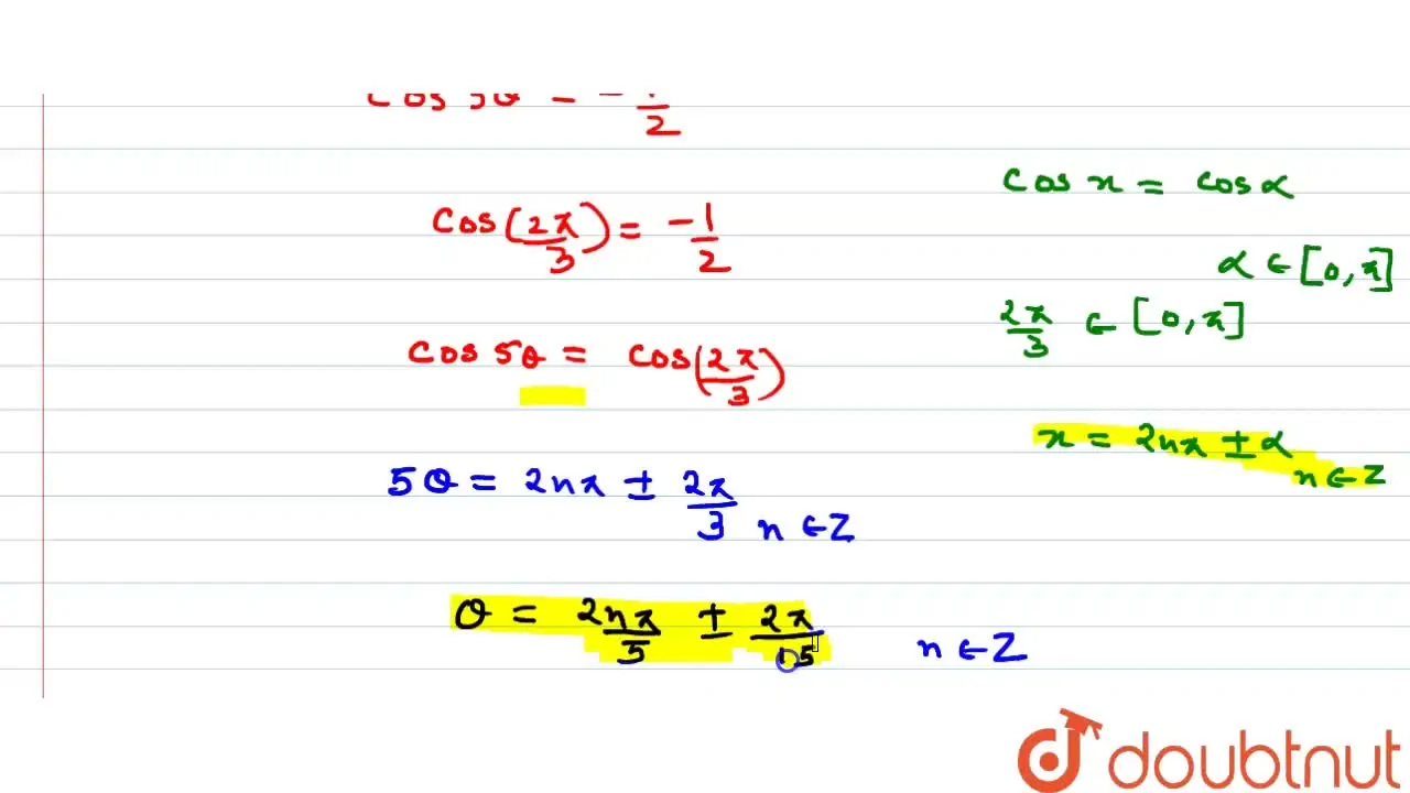 Solve the trigonometric equation : cos 5theta = -1/2