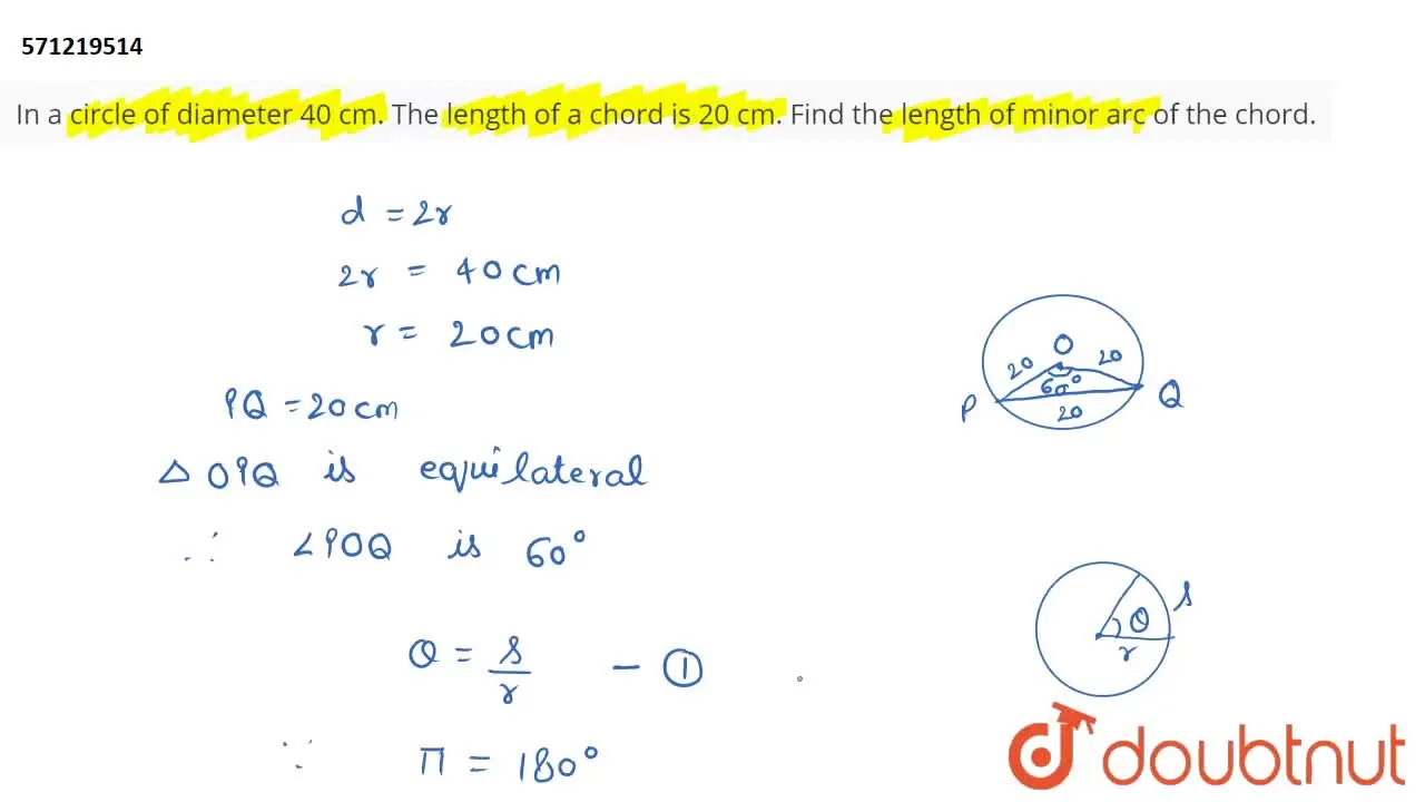 In a circle of diameter 40 cm. the length of a chord is 20 cm. Find
