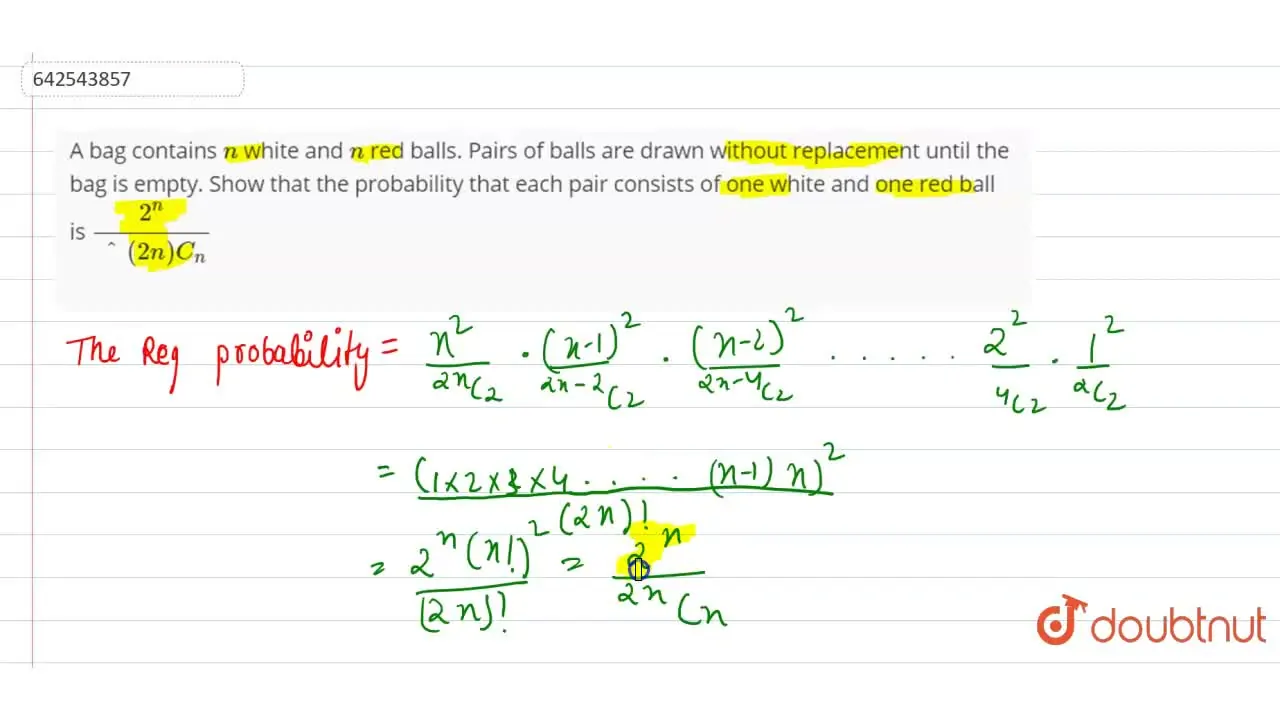 A bag contains n white and n red balls. Pairs of balls are drawn witho