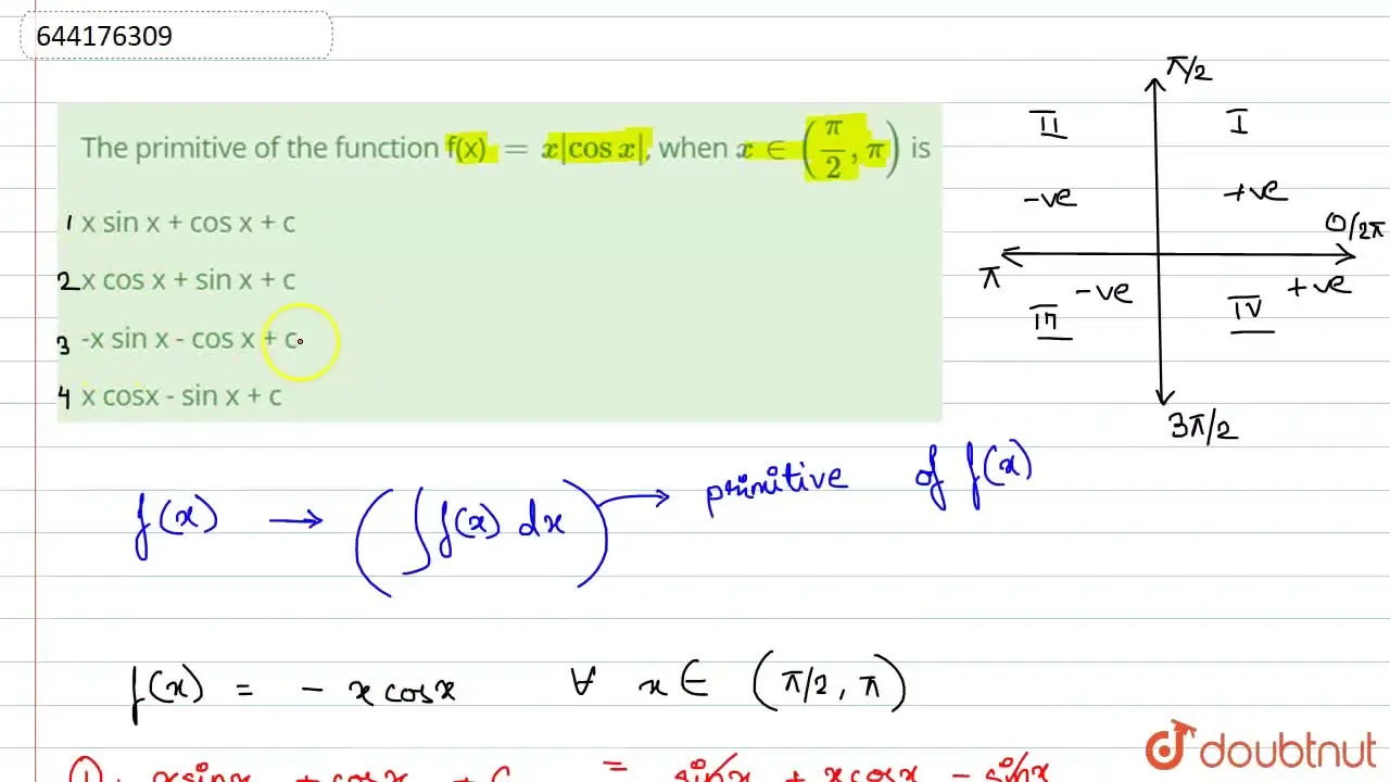 [Bengali] The primitive of the function f(x) =xabs(cosx), when x in (p