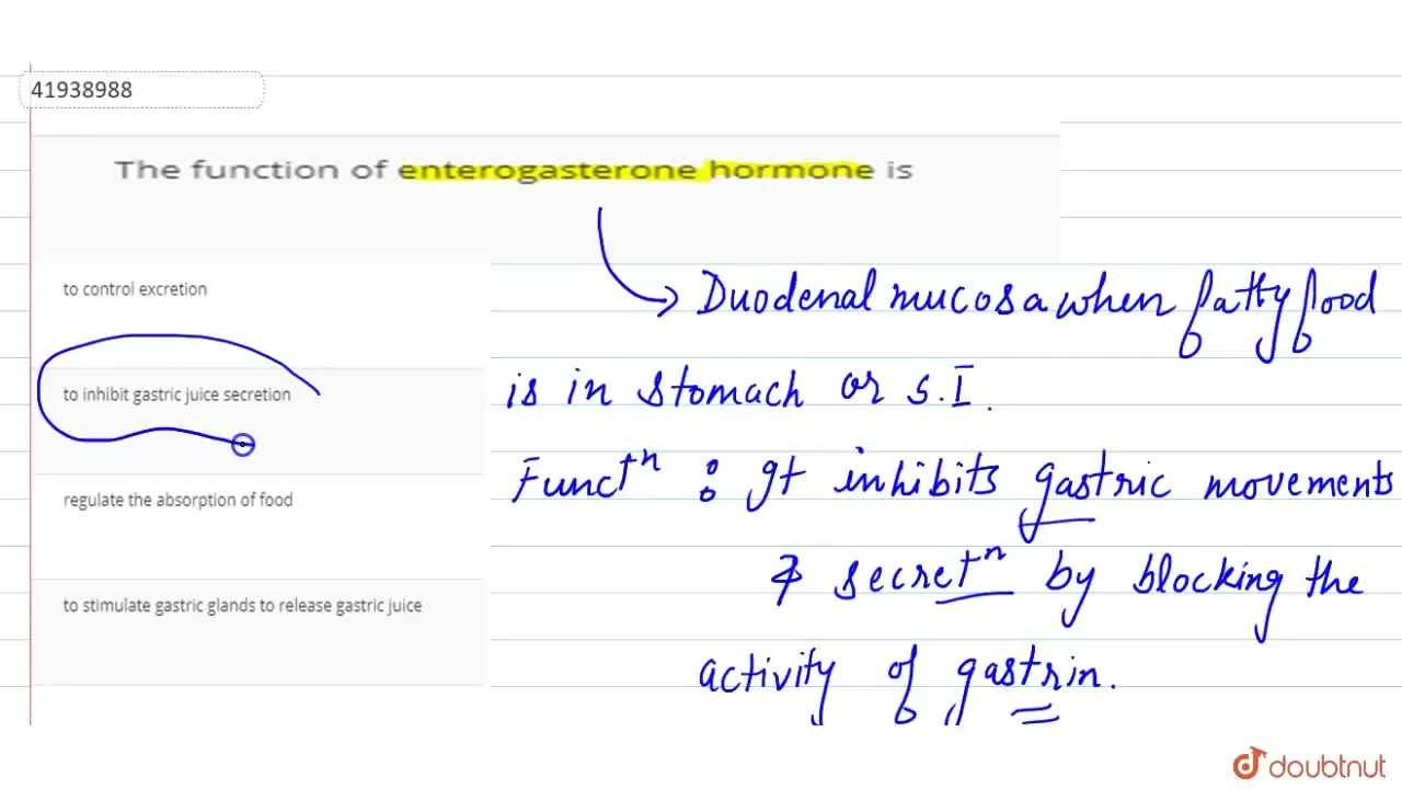 The function of enterogasterone hormone is