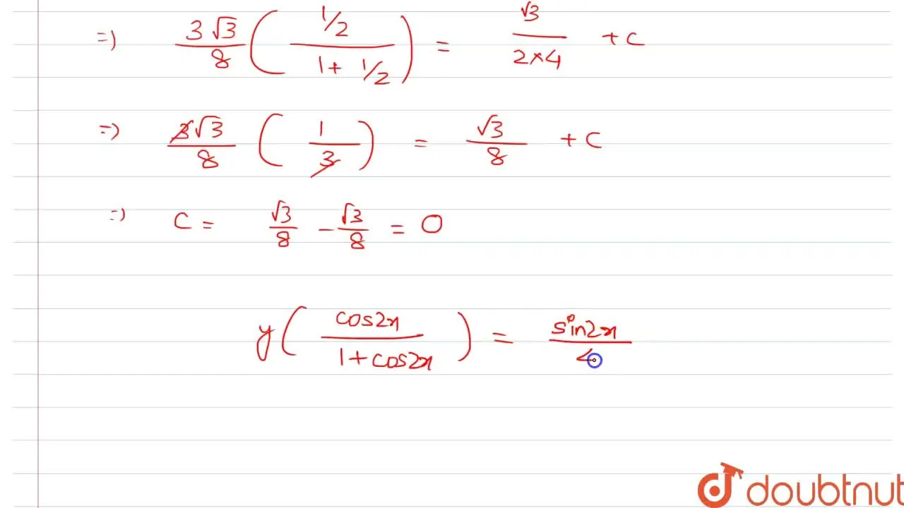Solution of the equation cos^2x(dy)/(dx)-(tan2x)y=cos^4x, where |x|