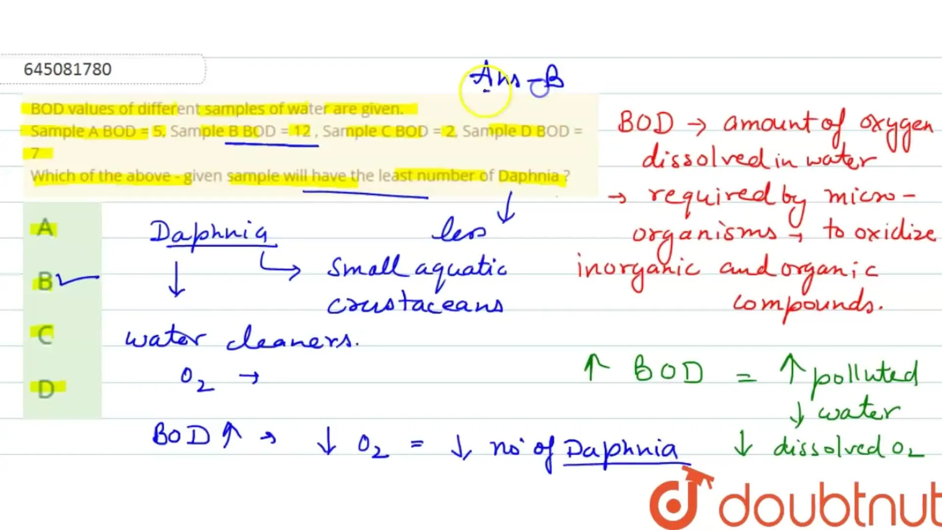 BOD values of different samples of water are given. Sample A BOD = 5