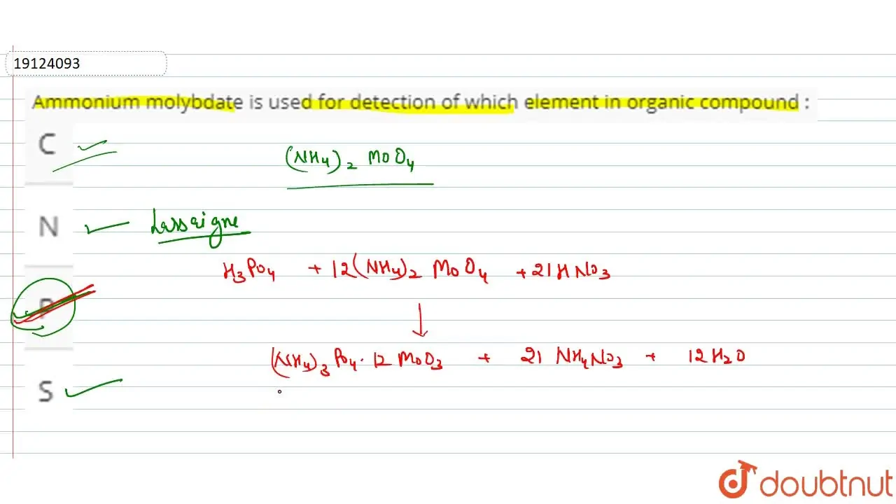 Ammonium molybdate is used for detection of which element in organic c