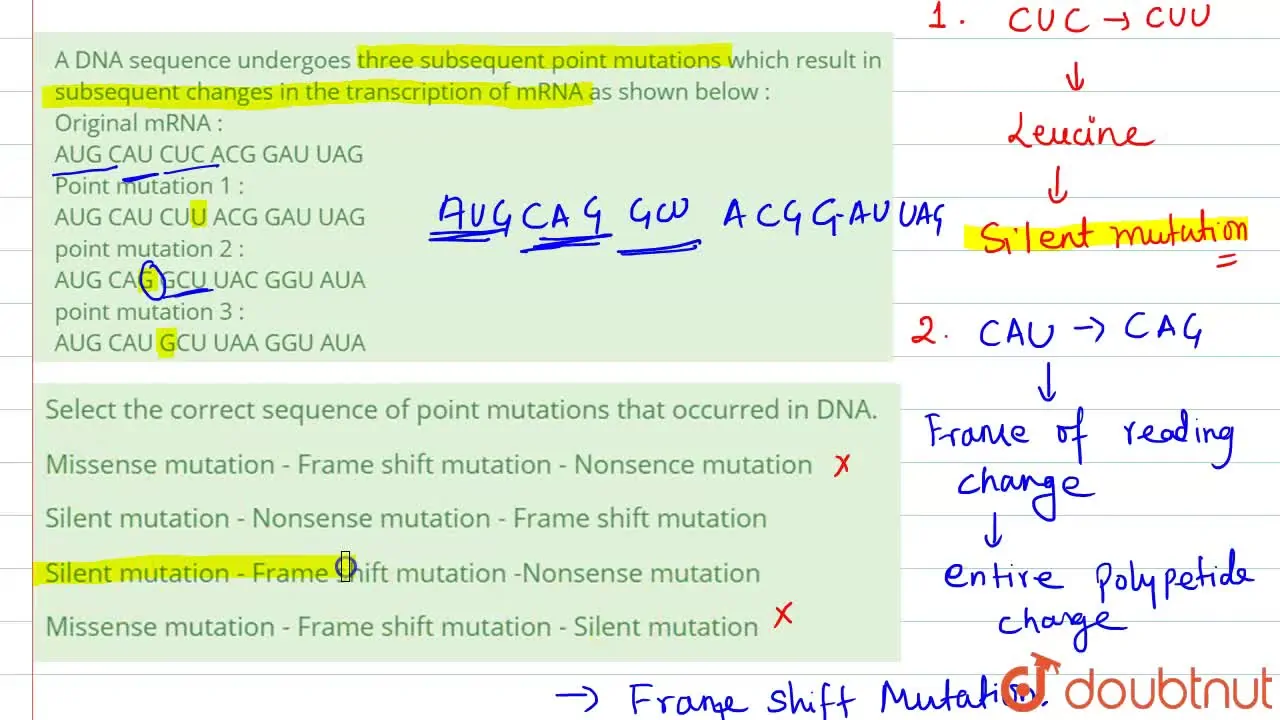 Silent mutation - Frame shift mutation -Nonsense mutation