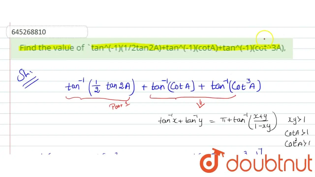  Tamil Find The Value Of Tan 1 1 2tan2A tan 1 cotA tan 1 c