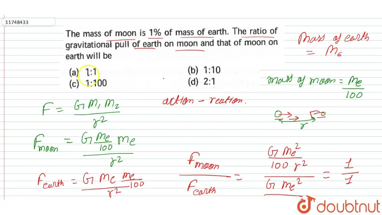 The mass of moon 1% of mass of earth. The ratio of gravitational pull
