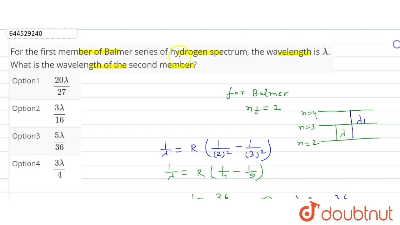 For the first member of Balmer series of hydrogen spectrum, the wavele