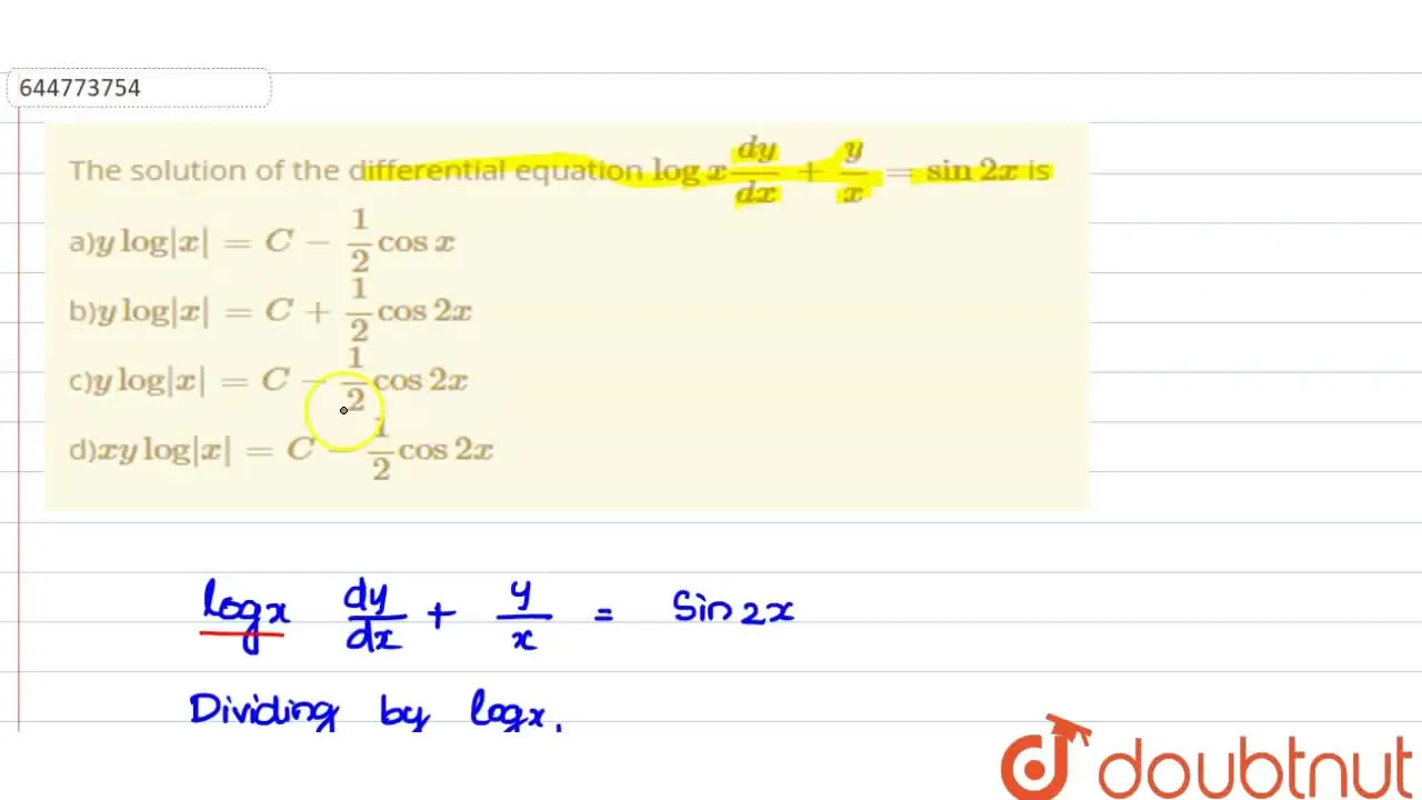 [Malayalam] The solution of the differential equation log x (dy)/(dx)