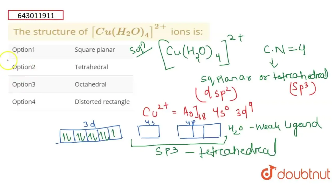 [Odia] The structure of [Cu(H2O)4]^(2+) ions is: