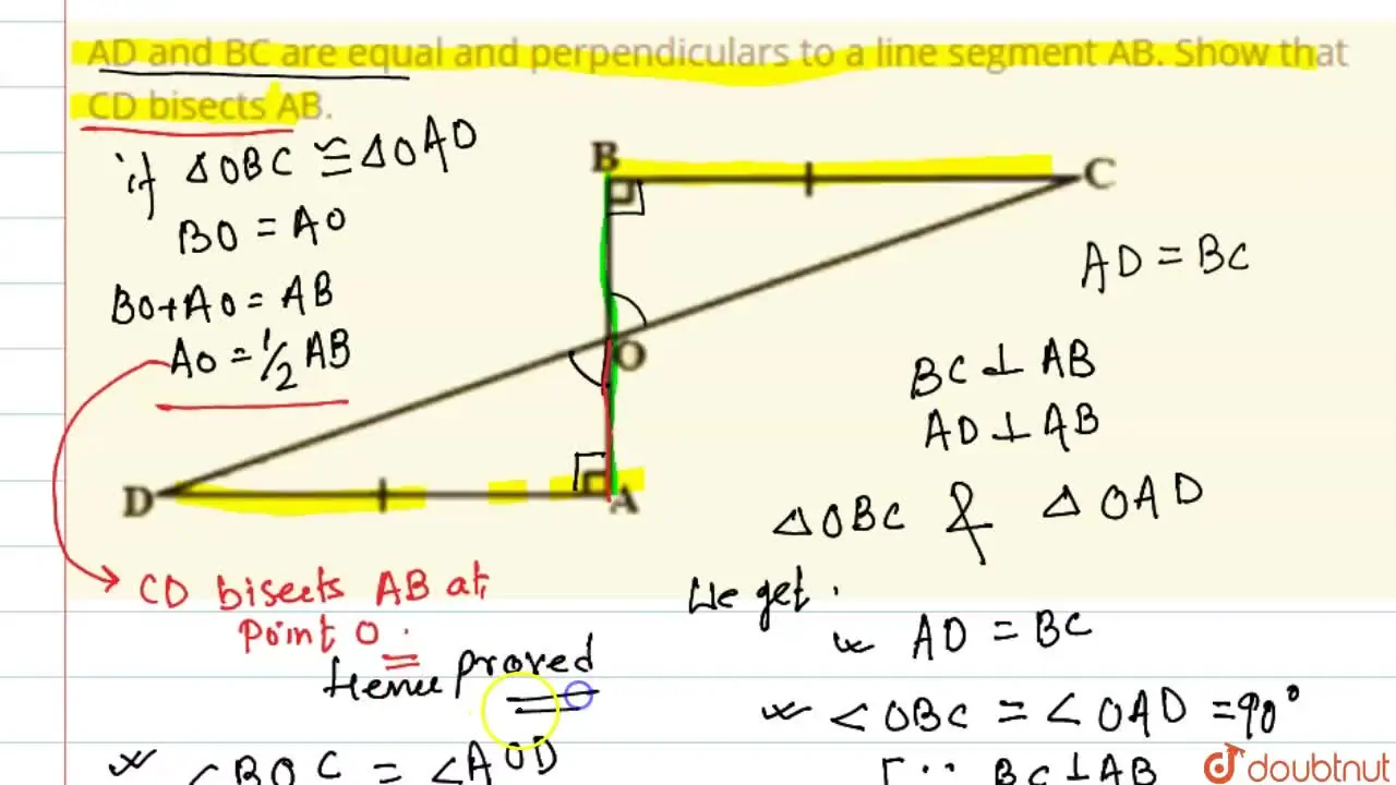 [Bengali] AD and BC are equal and perpendiculars to a line segment AB.