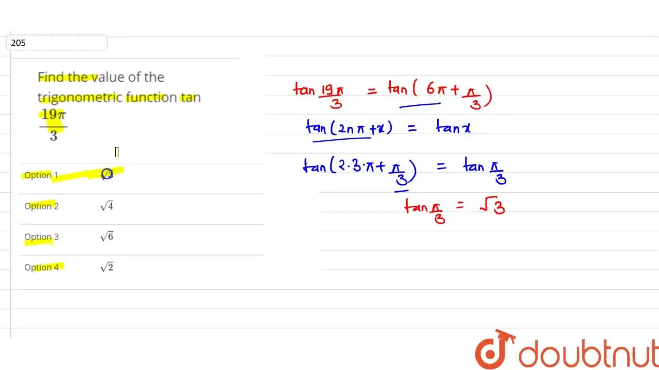Find the values of the trigonometric function tan (19pi)/3