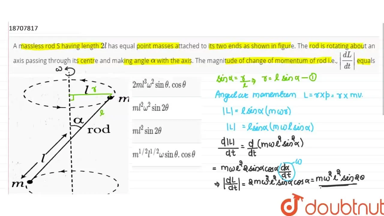 A massless rod S having length 2l has equal point masses attached to i