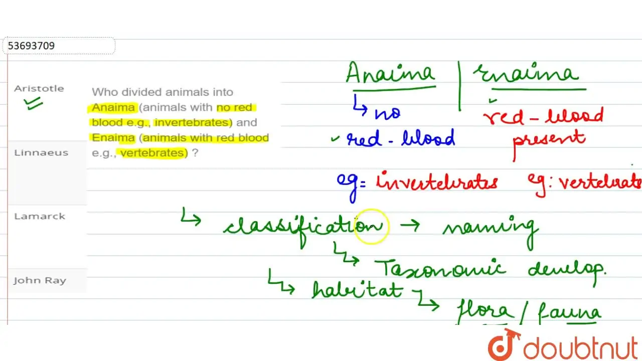 Who divided animals into Anaima (animals with no red blood e.g., inver