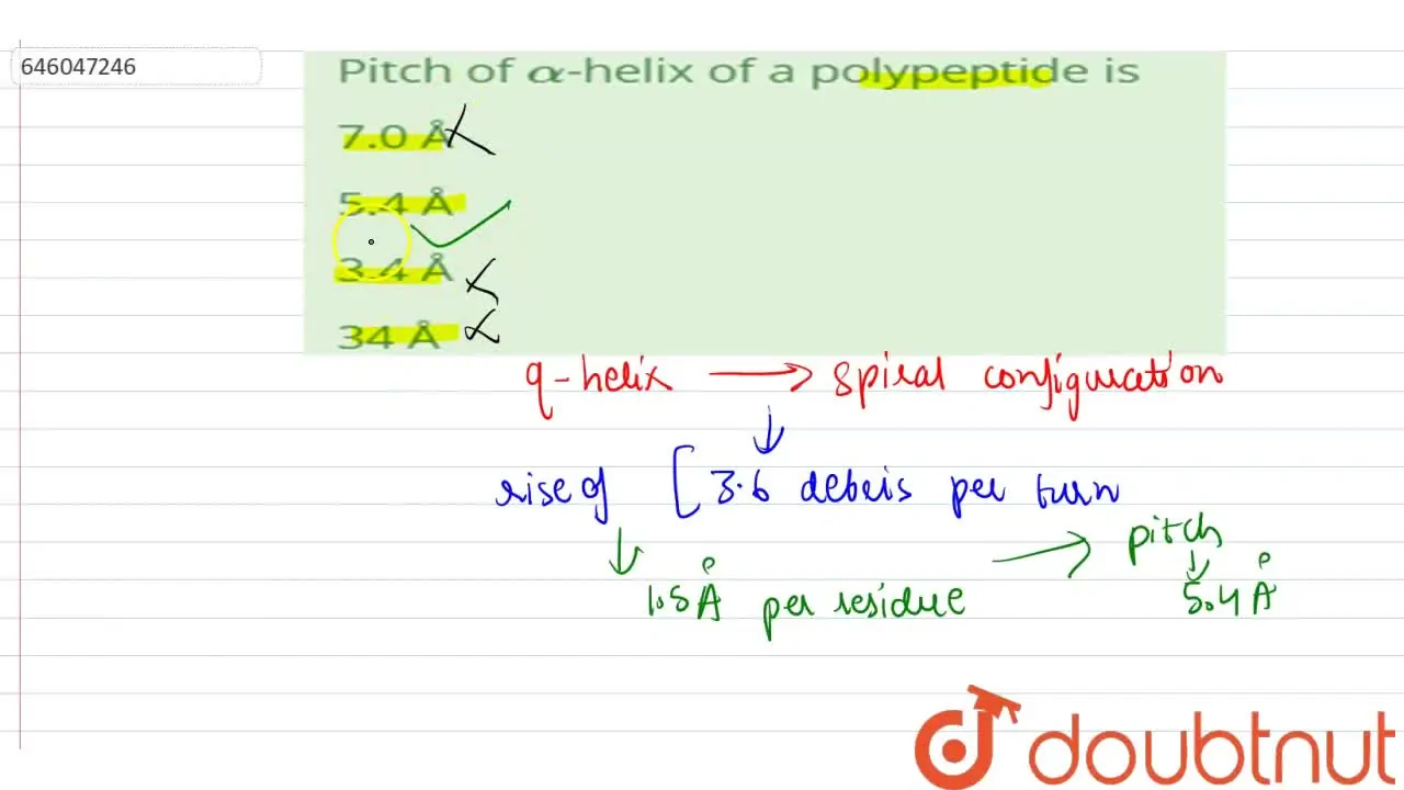 Pitch of alpha-helix of a polypeptide is