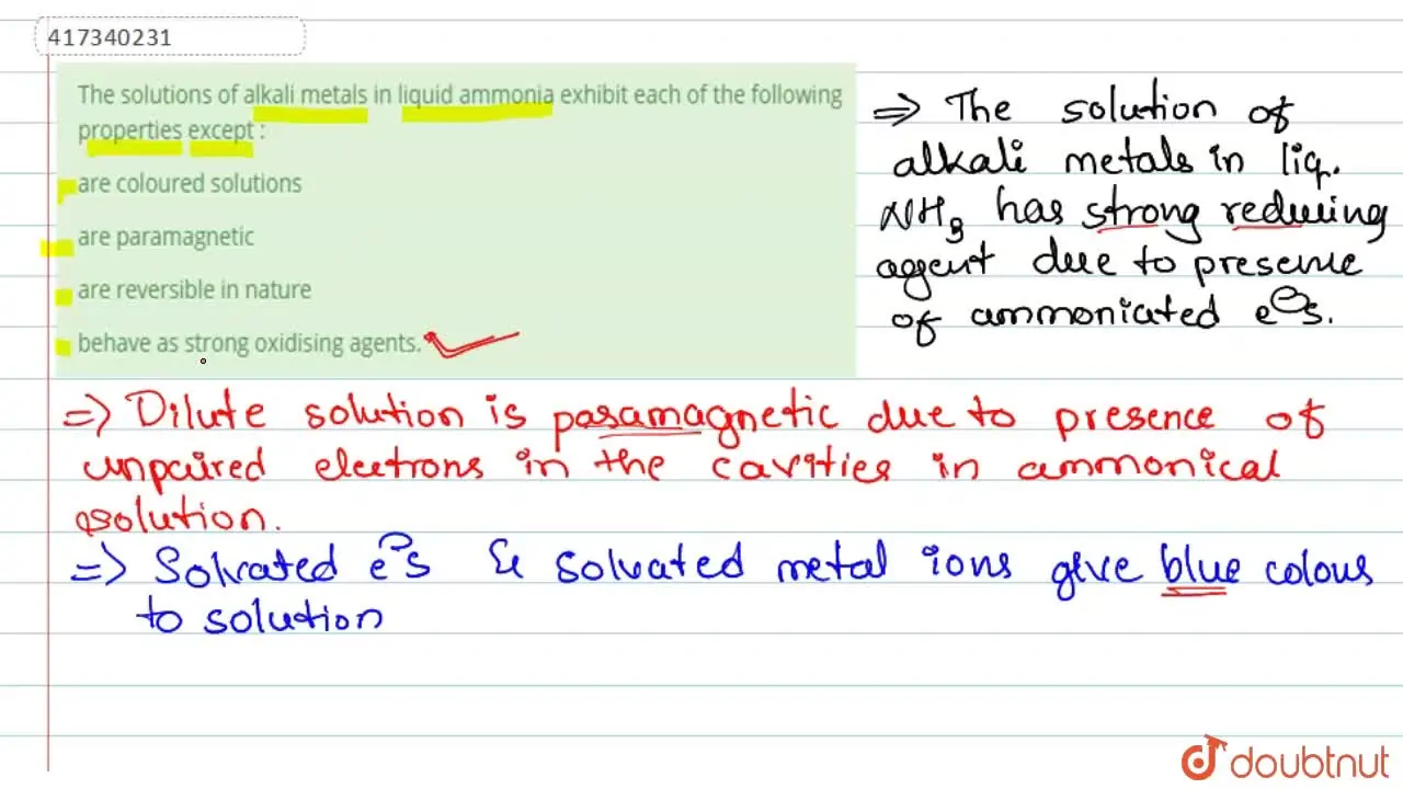 [Kannada] The solutions of alkali metals in liquid ammonia exhibit eac
