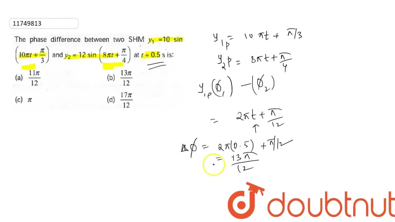The phase difference between two SHM y(1) = 10 sin (10 pi t + (pi)/(3)