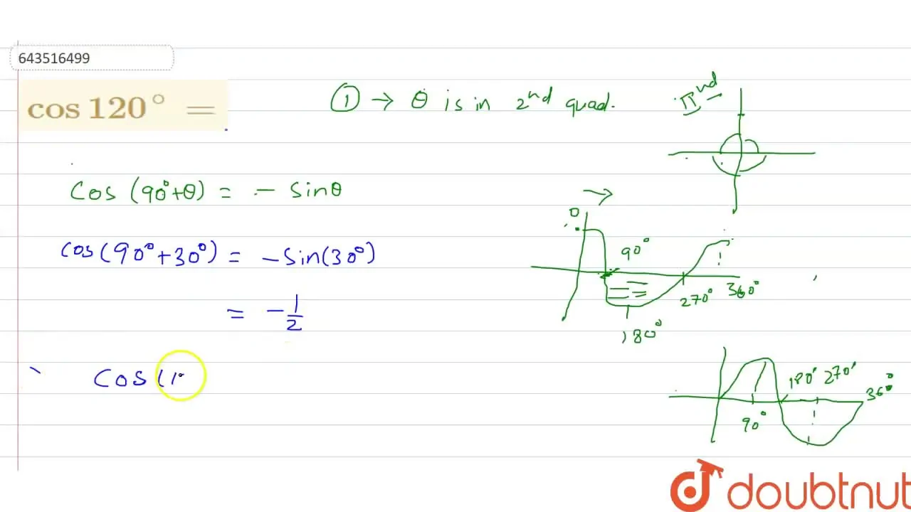 cos120^(@)=cos(90^(@)+30^(@)) =-sin30^(@)=-(1)/(2)