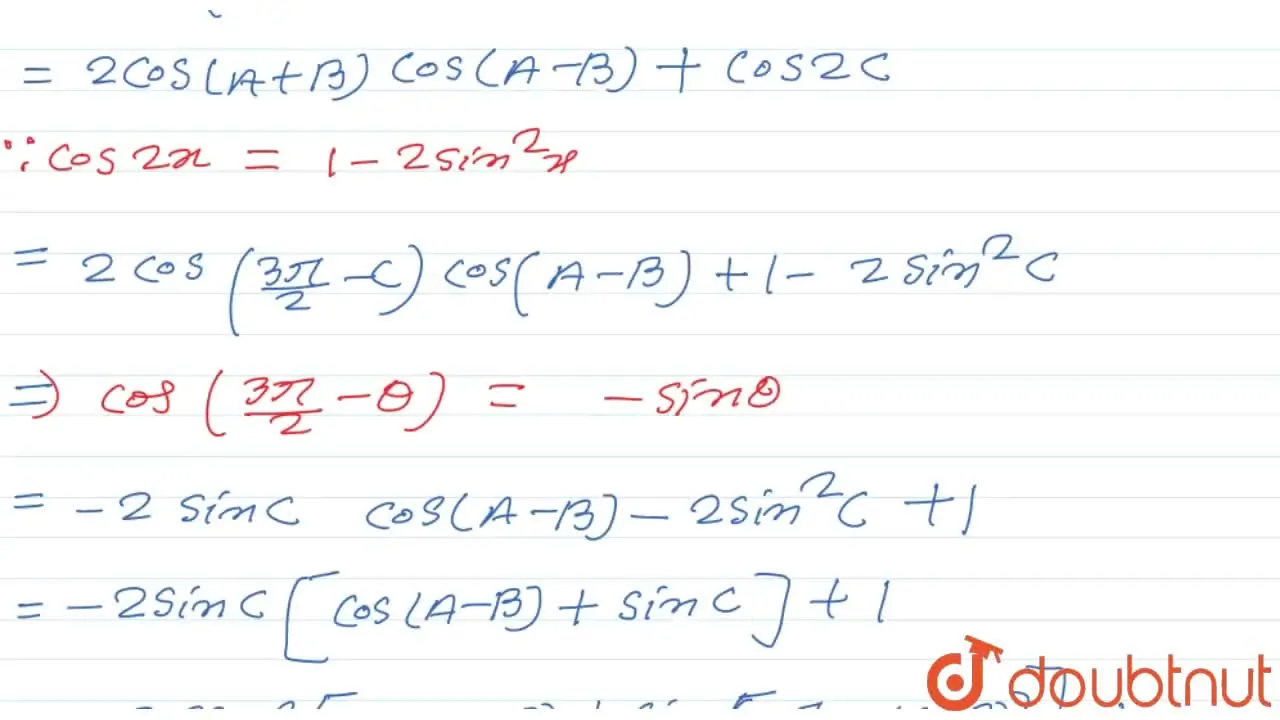 यदि A+B+C=(3pi)/(2) हो, तो cos2A+cos2B+cos2C का मान होगा