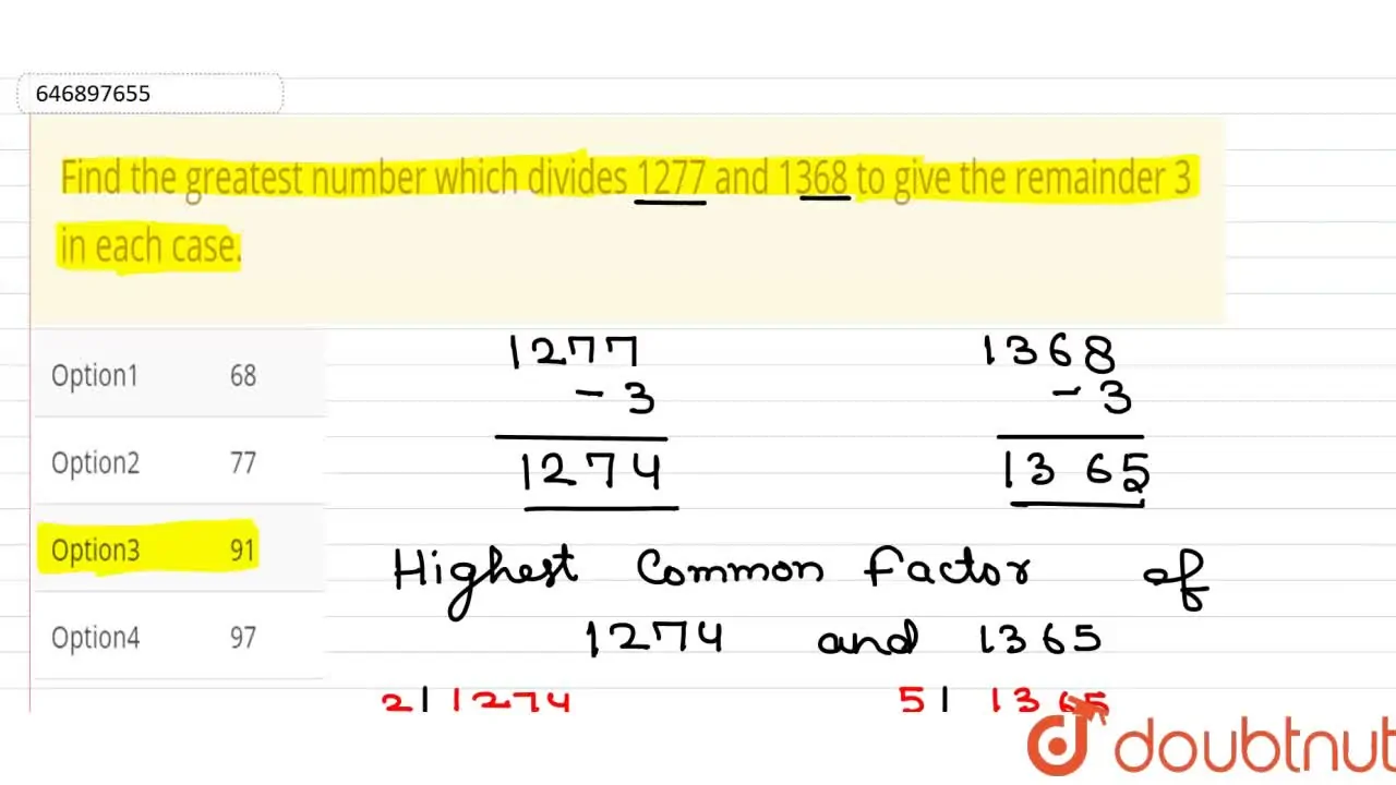 Find the greatest number which divides 1277 and 1368 to give the remai