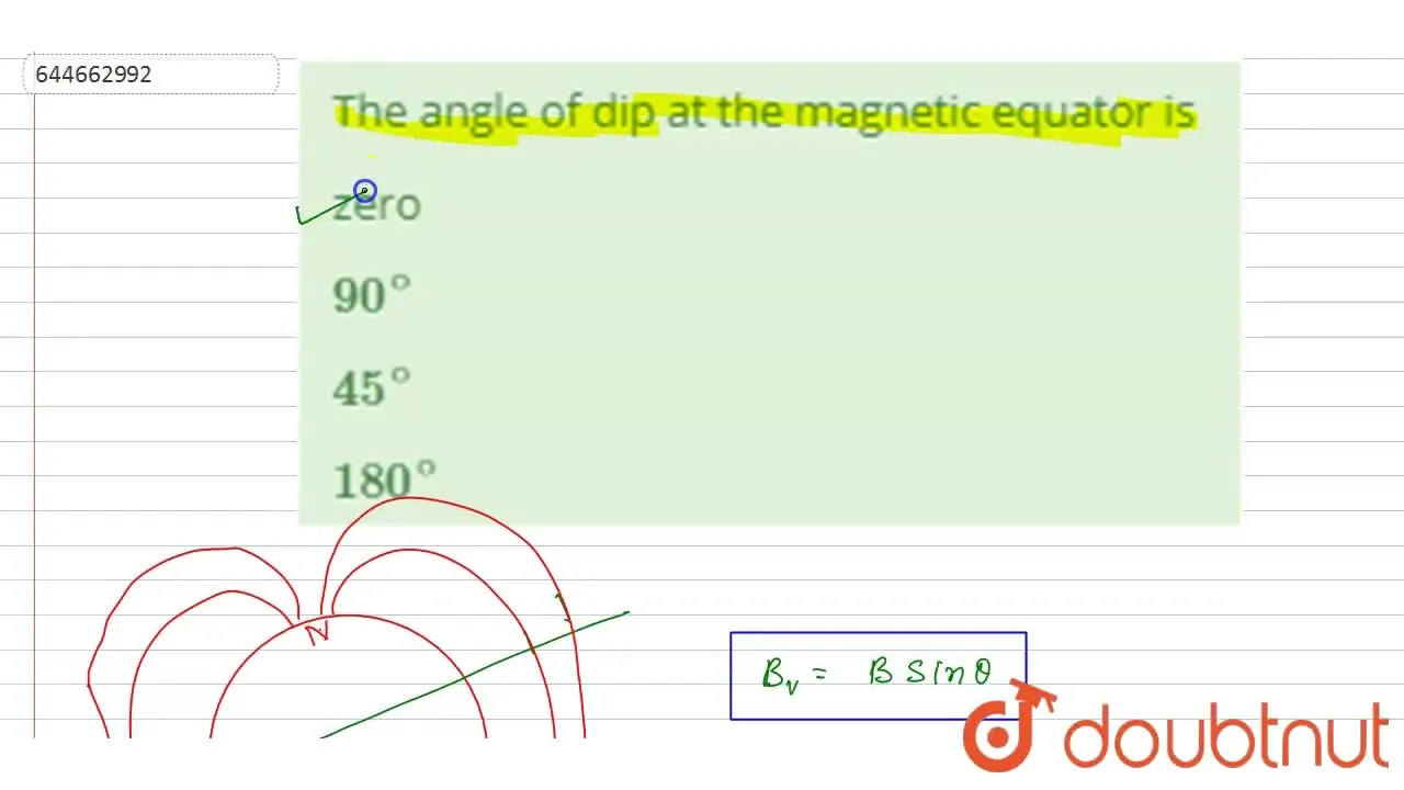 The angle of dip at the magnetic equator is