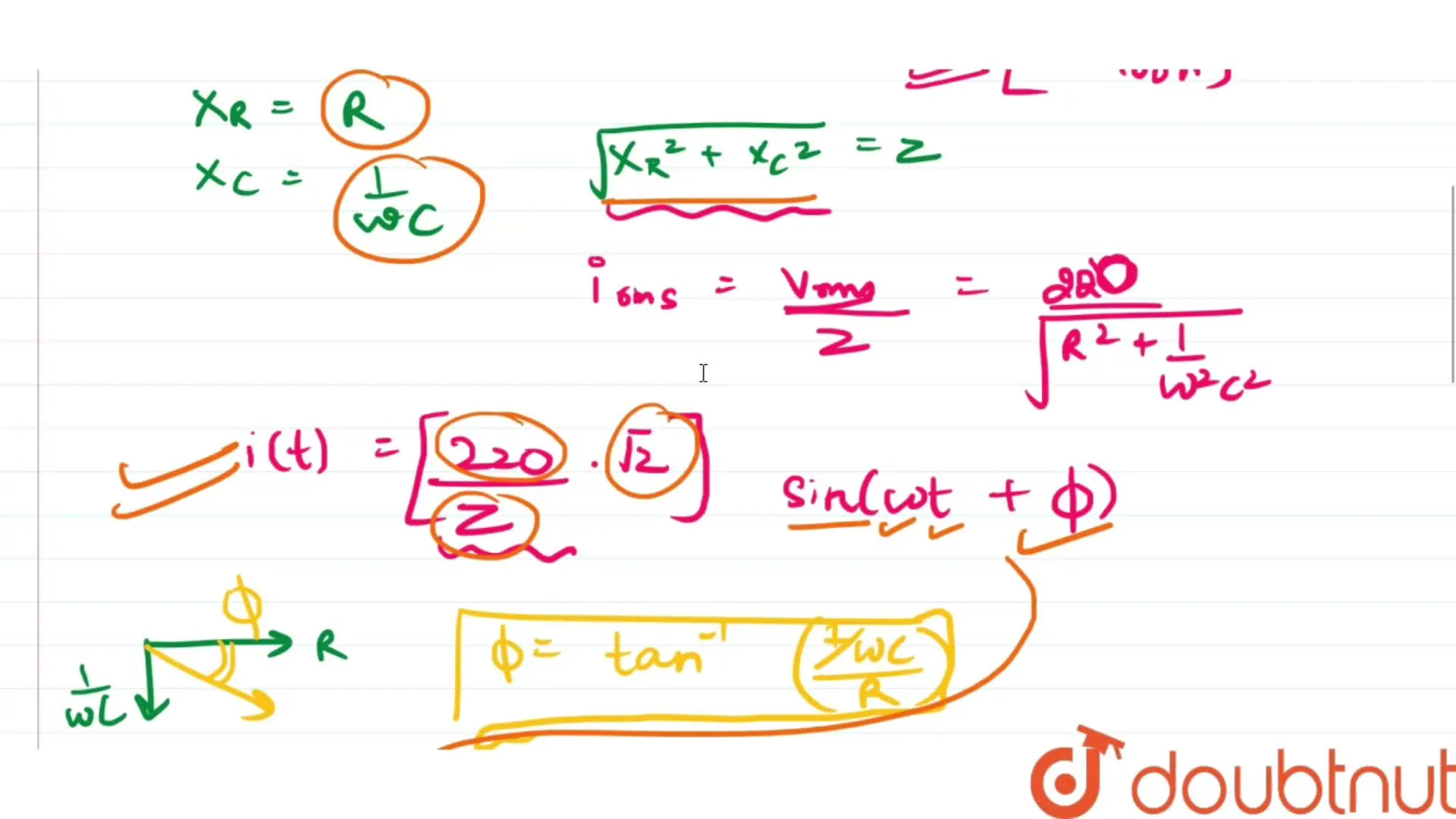 If V(S)(t)=220sqrt2 sin (2pi 50 t), find (a)i(t) ,(b)V(R) and (c )V(C)