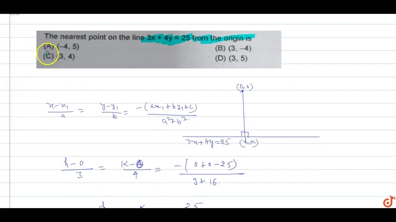The nearest point on the line 3x + 4y = 25 from the origin is