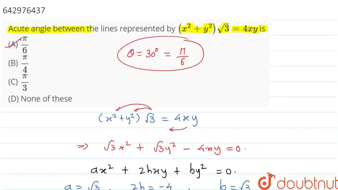 [Marathi] Acute angle between the lines represented by (x^2+y^2)sqrt(3