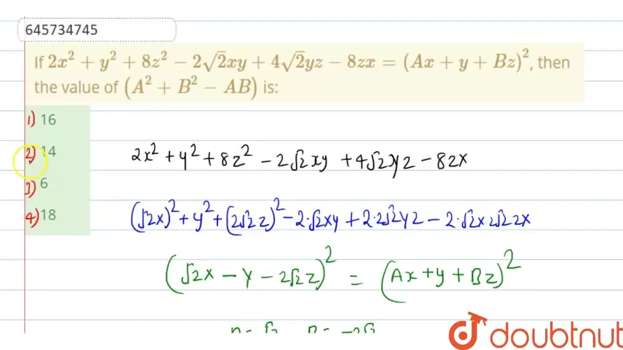 If 2x^2+y^2+8z^2-2 sqrt2 xy+4 sqrt2 yz-8zx=(Ax+y+Bz)^2, then the value