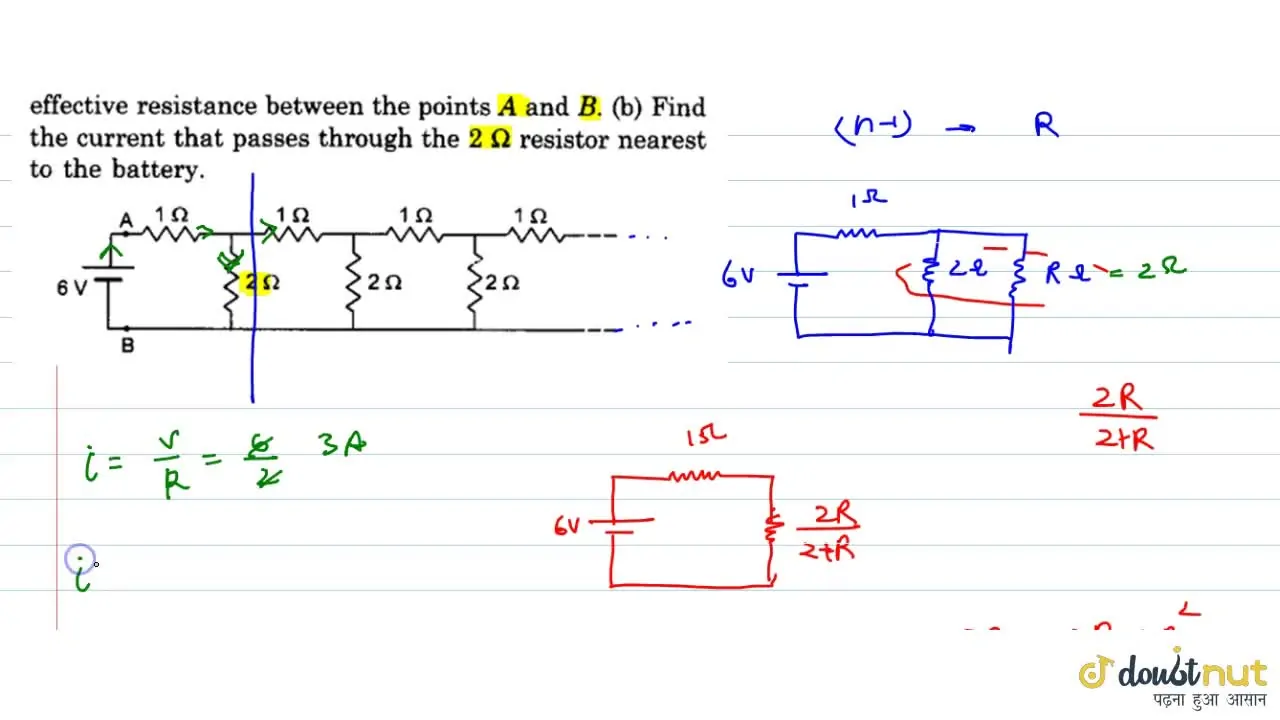 An infinite ladder is constructed with 1(Omega)and 2(Omega)resistor as