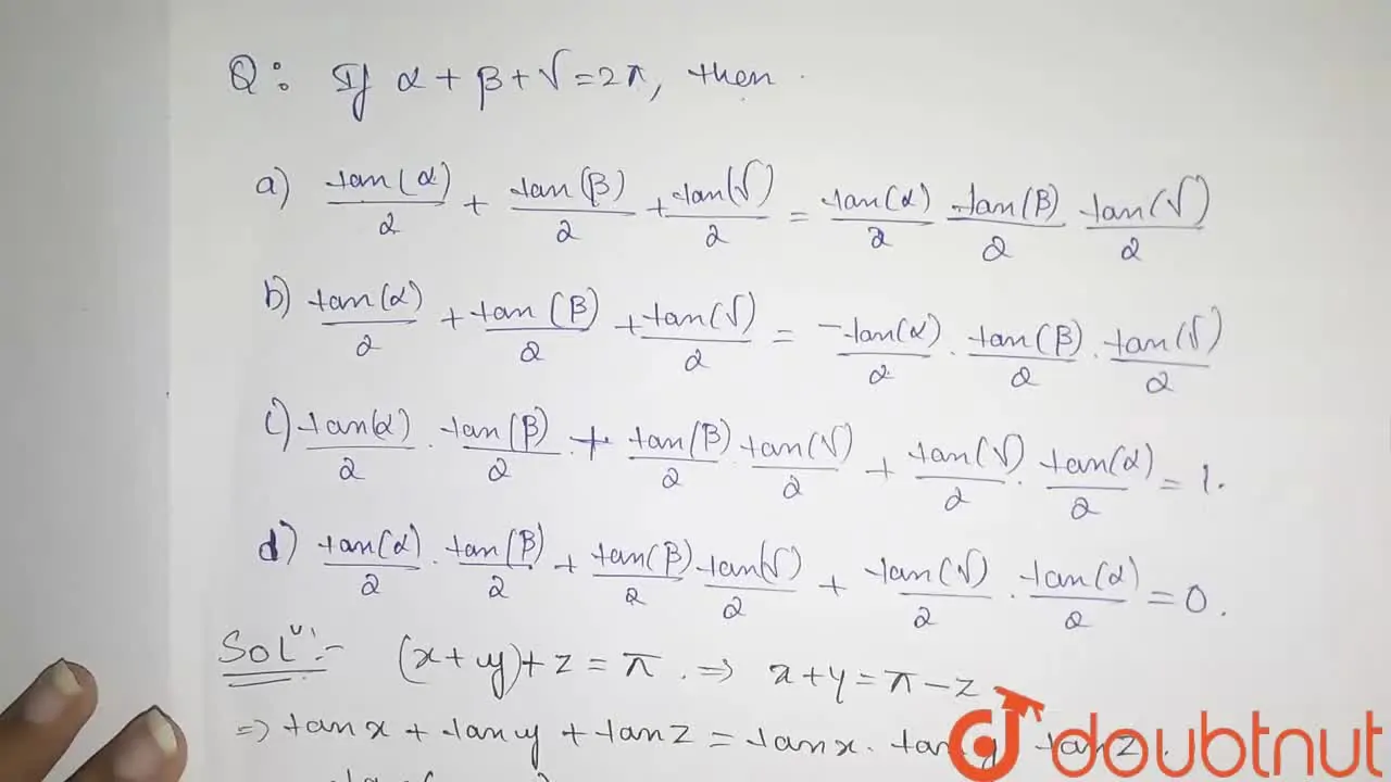 [Kannada] tan (alpha)/(2) . tan (beta)/(2)+tan (beta)/(2) . tan (gamma