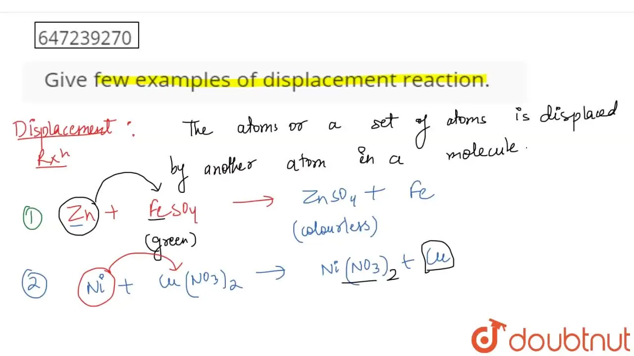 Give few examples of displacement reaction.