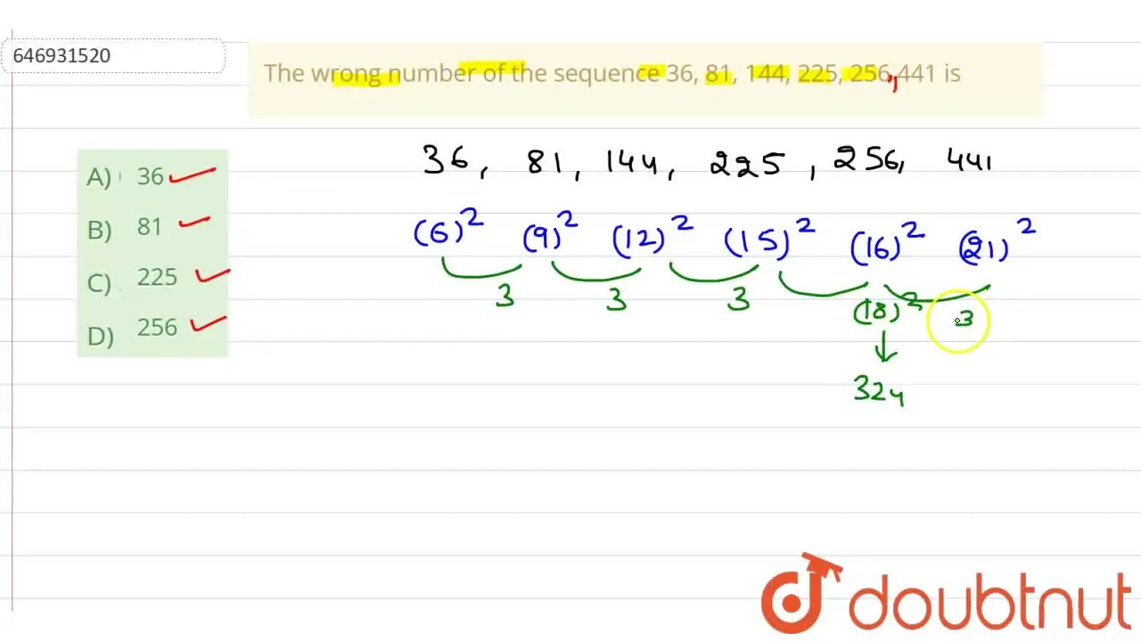 The wrong number of the sequence 36, 81, 144, 225, 256 441 is