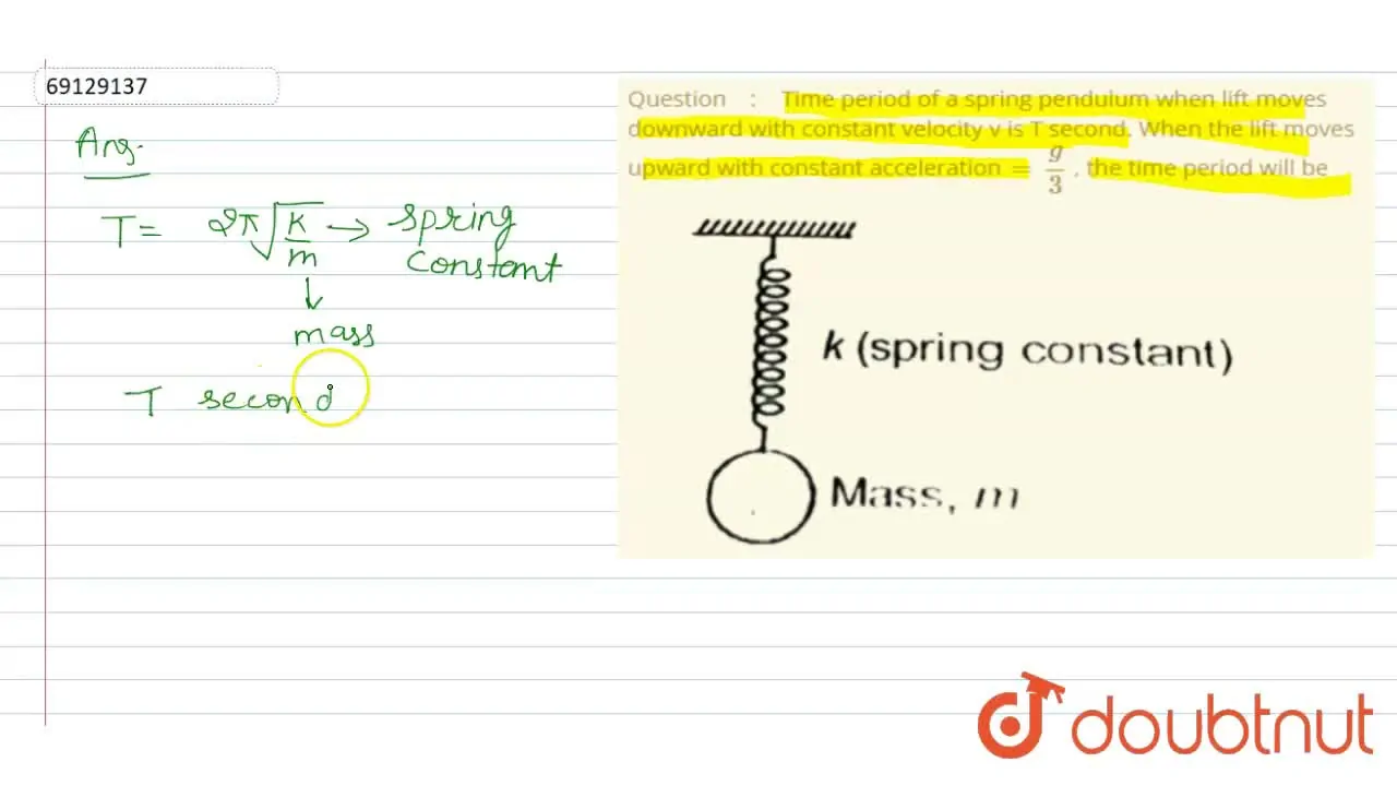 Time period of a spring pendulum when lift moves downward with constan