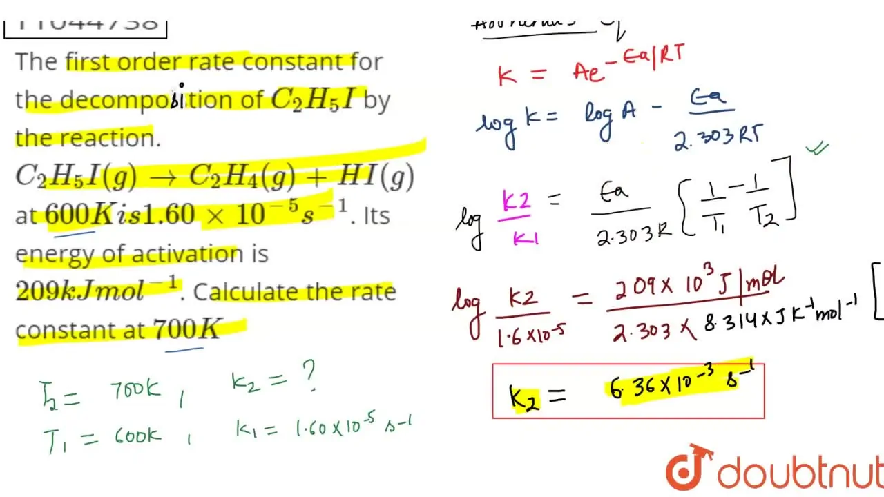 The first order rate constant for the decomposition of C(2)H(5)I by th